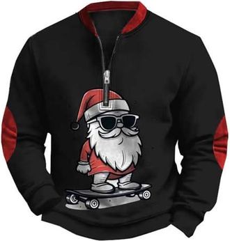 Generic Pull à col rond pour homme - Style décontracté - Imprimé Père Noël 3D - Fermeture éclair - Manches longues - Sweat-shirt dhiver, Noir, XXL