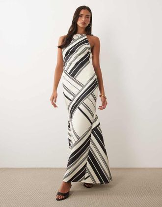 Asos Robe longue &agrave; col montant et dos ouvert - Noir et blanc-multicolore