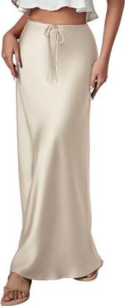 Feoya Jupe Longue en Satin Élégant Jupe Décontractée Eté avec Cordon de Serrage Jupe Casual Party Taille Haute Beige XL