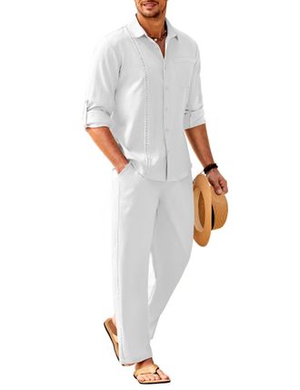 Coofandy Herren-Leinen-Set, 2-teilig, langärmelig, Knopfleiste, kubanisches Hemd und Hose, Set für Sommer, Strand, Outfit, Weiss/opulenter Garten, XX-Large