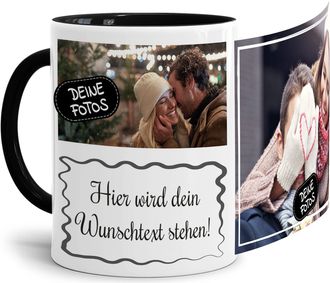 Tassendruck Foto-Tasse selbst gestalten mit Text & Collage für 2 Fotos - Geschenk für Familie, Freunde, Geburtstag, Weihnachten - Keramik Innen & Henkel Schwarz, 