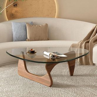 Generic Couchtisch mit Massivholzrahmen, dreieckiger Glasplatte und Holzgestell, mit transparenter und robuster Glasplatte.,A01,Medium: 91 x 65 x 40 cm