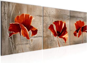 Runa Art Bilder Blumen Mohnblumen 3 Teilig Bild auf Vlies Leinwand Deko Wohnzimmer 90 x 30 cm Abstrakt Rot Beige 201134b
