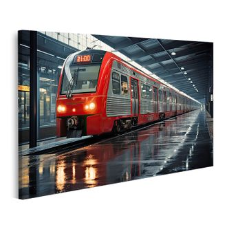 Islandburner Bild auf Leinwand Rote S Bahn im n&auml;chtlichen Bahnhof auf nasser Gleisanlage Bilder Wandbilder Poster