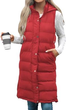 Generic Gilet matelass&eacute; &agrave; capuche pour femme, sans manches, d&eacute;contract&eacute;, long, avec capuche, tenues dhiver et dautomne 2025, rouge, taille 4XL
