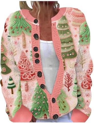 Generic Cardigan d&eacute;contract&eacute; pour femme avec imprim&eacute; de No&euml;l, rose, 5XL