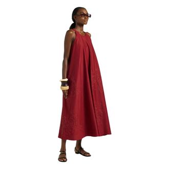 Liviana Conti Femme, Robes, Rouge, Taille: 40 FR Robe Popeline Sans Manches avec Broderie Corail