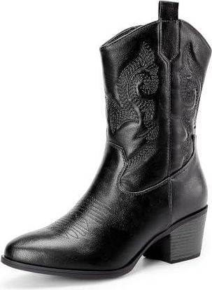 Dream Pairs Bottes Femme Western Mi-Mollet Cowgirl Bout Rond Confortables à Talon Cubain Boots Cowboy Mode Polyvalentes pour Festival Soirée Quotidien,Size 43,Tou