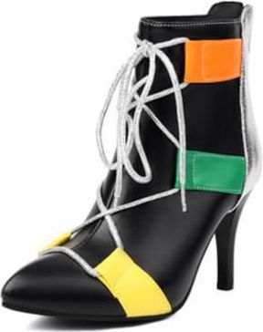 Generic Bottes Femme Cheville Bout Pointu À Lacets Talons Aiguilles Hauts Bicolores Fermeture Éclair Doublure Douce Chaussures Soirée,Noir,43.5 EU