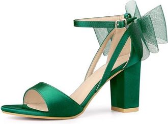 Allegra K Sandales &agrave; talons &eacute;pais et bout ouvert avec bride &agrave; la cheville et noeud en maille pour femmes Vert fonc&eacute; 37