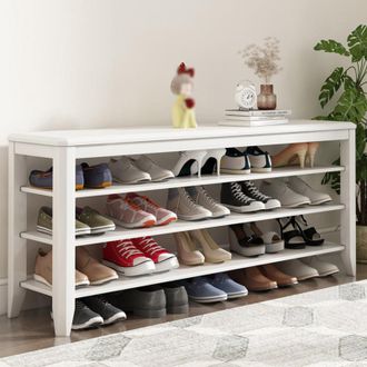 Generic Schuhbank mit Sitzfläche aus Massivholz Stabil und Tragfähig 3 Offene Fächer Schuhregal Platzsparend für Eingangsbereich, Flur, Wohnzimmer(White,100x3