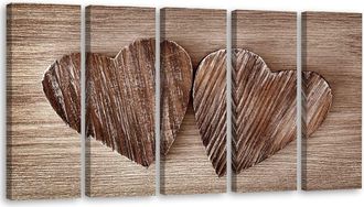 Feeby 5-teilig Vlies Leinwandbild 200x80 cm Holz Herz Liebe Wand Bild Kunstdruck Deko Wohnzimmer Wohnungs Deko Vintage Rustikal Retro Braun