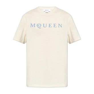 Alexander McQueen T-Shirt mit Logo in Samtoptik - - Tops - Herren - Beige - L