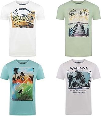 Riverso RIVLukas Lot de 4 t-shirts à col rond pour homme - Coupe droite - Manches courtes - Imprimé sport - Coton - Bleu, vert, blanc, gris, jaune, turquoise,