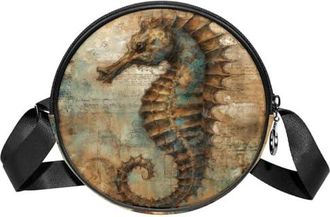 Generic Petit sac &agrave; bandouli&egrave;re rond pour femme, motif hippocampe, sac &agrave; dos &agrave; bandouli&egrave;re r&eacute;glable avec fermeture &eacute;clair, sac &agrave; main rond d&eacute;contract&eacute; pour fe
