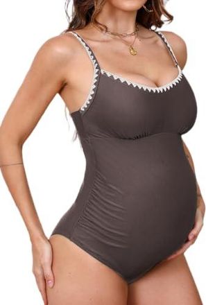Cupshe Maillot de bain une pièce de maternité bretelles réglables froncées coquille cousue dos découpé maillot de bain de grossesse, taupe, XL