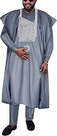 Hawaiian Dreams Agbada Vêtement africain pour homme avec broderie, tenue 3 pièces avec dashiki, chemise et pantalon, Gris 02., X-Large
