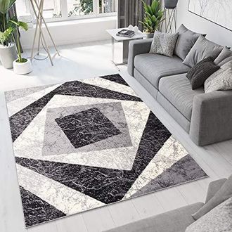Tapiso Dream Tapis de Salon Chambre Salle &agrave; Manger Adulte Bureau Design Moderne Noir Gris Cr&egrave;me G&eacute;om&eacute;trique Motif Carreaux Poil Court Fin Doux L&eacute;ger R&eacute;sistan