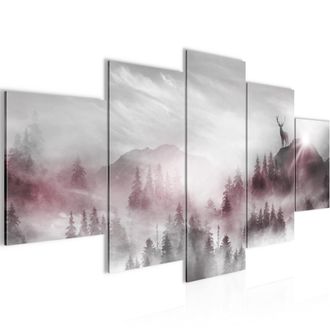 Runa Art Bild Wohnzimmer Schlafzimmer Wald Hirsch 5 Teilig Natur Berge Rosa Grau Wandbilder auf Vlies Leinwand 042853b