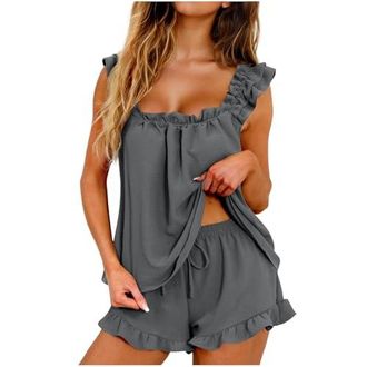 Generic Ensemble de pyjama 2 pièces pour femme, débardeur doux à volants et short, ensemble pyjama de mariée 2025 pour femme, gris foncé, XXL