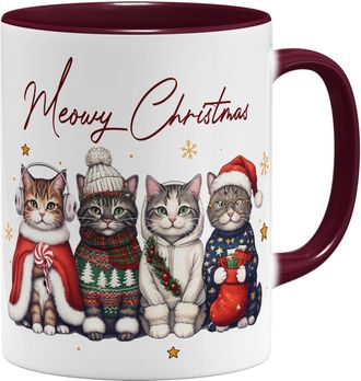 OM3 Meowy Christmas Kaffee-Tasse mit s&uuml;&szlig;en K&auml;tzchen - Weihnachtstasse 4 Katzen - Keramik Becher - 325ml - Beidseitig Bedruckt - Bordeaux