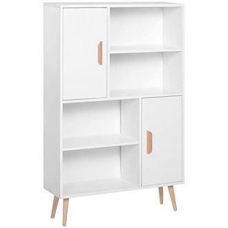 HOMCOM Bibliothèque scandinave 4 niches + 2 placards avec étagère dim. 80L x 24l x 123H cm Pieds effilés inclinés Bois Massif Panneaux Particules Blanc