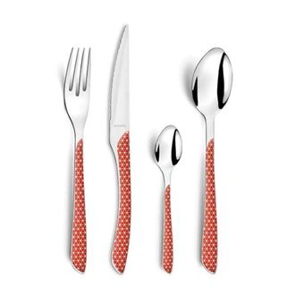 Amefa M&eacute;nag&egrave;re 24 couverts de table pour 6 personnes - Eclat G&eacute;o - Acier inoxydable 18/0, Finition Brillante - Rouge et Blanc