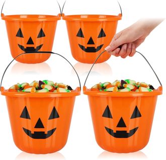 Com-Four 4X Halloween Kürbis Eimer XL - Eimer aus Kunststoff im Kürbis-Design zum Sammeln von Süßigkeiten - Candy Bag Sammeltasche mit Henkel für Halloween