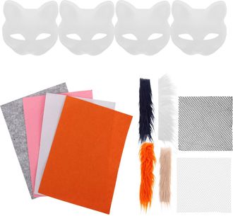 Lurrose DIY Katzenmasken Wei&szlig; Pl&uuml;sch mit Stofft&uuml;chern und Fellstreifen Unbemalt Atmungsaktive Netzaugen Bequemes Karneval Cosplay Kost&uuml;m Zubeh&ouml;r f&uuml;r Halloween