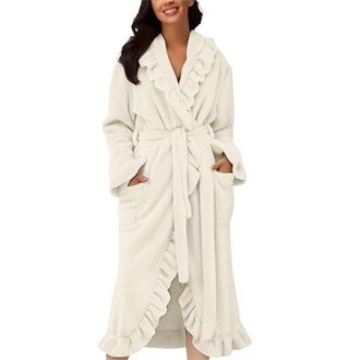 Generic Peignoir long et chaud pour femme avec volants pour lhiver, blanc, L
