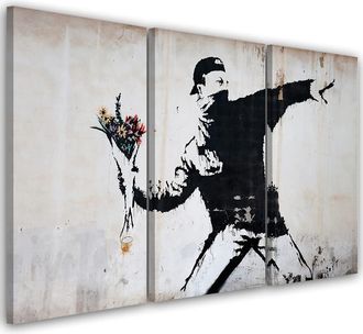 Feeby 3-teilig Bild auf Vlies Leinwand 60x40 cm Banksy Graffiti Straßenkunst Kunstdruck Modern Wandbilder Deko Flur Wohnzimmer Blumenwerfer Wandbild Grau