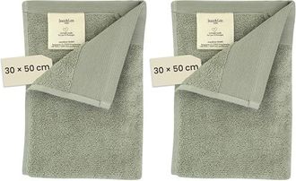 Jean & Len G&auml;stehandtuch aus 100% Bio-Baumwolle, in der Farbe Salbei, mit Aufh&auml;nger, Oeko-TEX und GOTS Zertifiziert, Markenlabel aus veganem Leder, G&auml;stehandt&uuml;ch