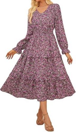 Grace Karin Robe longue d&eacute;contract&eacute;e &agrave; manches longues et col en V avec poches pour femme, Motif floral rose rouge, XL