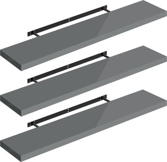 Woltu Wandregal Set von 3 Regalen Wandboard Freischwebend Schweberegal CD DVD Regal B&uuml;cherregal Holz Board 120x22,9x3,8cm Hochgl&auml;nzend Grau RG9484gr-3