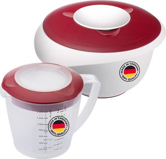 Westmark Rührschüssel (2,5 l) und Rührbecher Helena (1,4 l) - Rührschüssel mit Spritzschutzrand und Gummiring - Becher mit Ausgießer und Messskala - Weiß/Rot