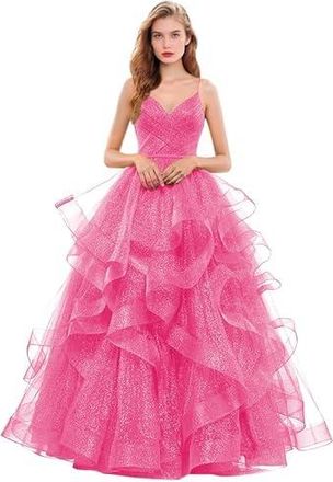 Generic Robe de bal en tulle pailleté avec col en V et bretelles spaghetti, robe de demoiselle dhonneur, robe de soirée formelle longue à étages, rose rouge, 