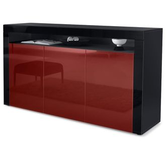 Vladon Sideboard Valencia, Made in Germany, Kommode mit 3 T&uuml;ren und 1 offenem Fach, Schwarz matt/Bordeaux Hochglanz/Schwarz Hochglanz (155 x 92 x 40 cm)