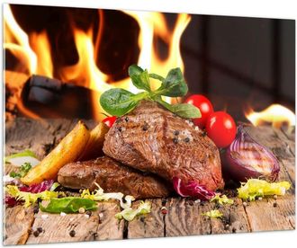 Arttor Bilder auf Glas 100x70cm Glasbild Essen Holz Feuer Steak Gro&szlig; Wanddeko Bild im Glas Schlafzimmer K&uuml;che Deko Wandbilder Dekoration Wohnzimmer Modern Wa