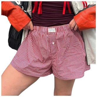 Generic Short pour femme - Joli imprim&eacute; &eacute;cossais doux - Bouton sur le devant - Short de pyjama taille haute pour femme - Short d&eacute;t&eacute; en lin pour femme - Pantal