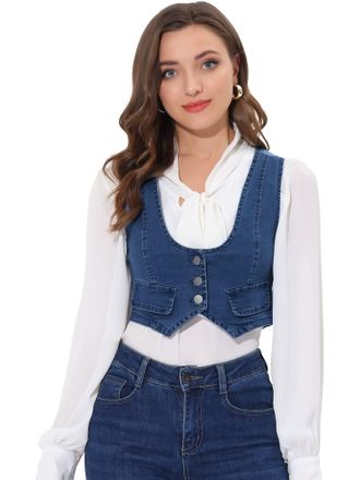 Allegra K Damen Kurz Weste &Auml;rmellos U-Ausschnitt Knopfleiste Gewaschener Jeansweste Blaue S