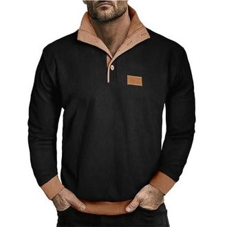 Generic Pull en velours côtelé pour homme - Col en V - Manches longues - Col montant - Pull dhiver chaud en velours côtelé, Noir, XXL
