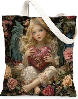 Generic Sac fourre-tout vintage en toile avec motif dange pour le shopping, 33 x 38,1 cm, motif coeur damour de jardin, sac d&eacute;picerie r&eacute;utilisable pour femme,