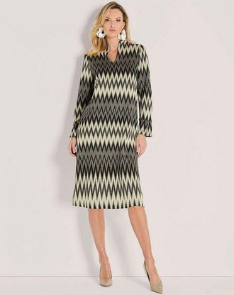 Madeleine Midikleid Elegantes Kleid mit Zick-Zack-Muster Kelchkragen mit tiefem V-Ausschnitt und langen &Auml;rmeln