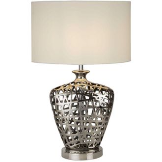 Licht-Erlebnisse Licht-erlebnisse - Tischlampe Stoff Keramik E27 &oslash; 36 cm 57 cm Chrom Wei&szlig; rund Modern Keramikleuchte