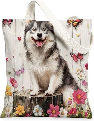 Generic Sac fourre-tout en toile motif chien malamutes du printemps de lAlaska 33 x 38,1 cm, sac d&eacute;picerie r&eacute;utilisable pour femme, motif animal de compagnie,
