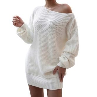 Generic Robe pull &agrave; manches longues et &eacute;paules d&eacute;nud&eacute;es pour femme, robe pull ample d&eacute;contract&eacute;e surdimensionn&eacute;e en tricot, blanc, M