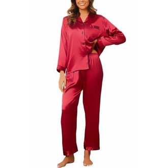 Generic Ensemble de pyjama classique boutonné en satin de soie pour femme, chemise à manches longues, vêtement dintérieur avec pantalon à taille élastique, do