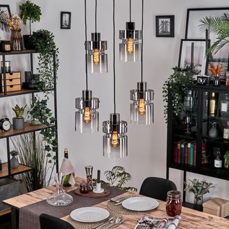 HOFSTEIN Hängeleuchte Hasvik, 5-flammige Hängelampe aus Metall/Glas in Schwarz/Chrom/Rauch/Klar, Retro/Vintage-Design (Ø 15cm), E27, Pendelleuchte verstellbar 