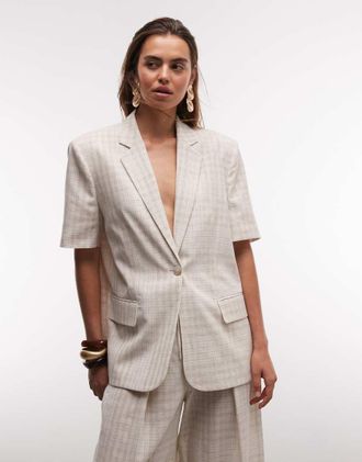 Asos Blazer densemble &agrave; manches courtes et carreaux - Beige-Neutral