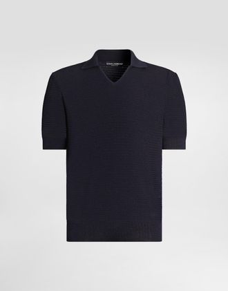 Dolce & Gabbana Poloshirt Aus Seide Mit Mikrostich-details - Mann Strickwaren Blau 48